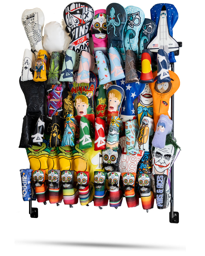 "Pins & Aces Headcover Rack: Show Off Your Swag on the Course"